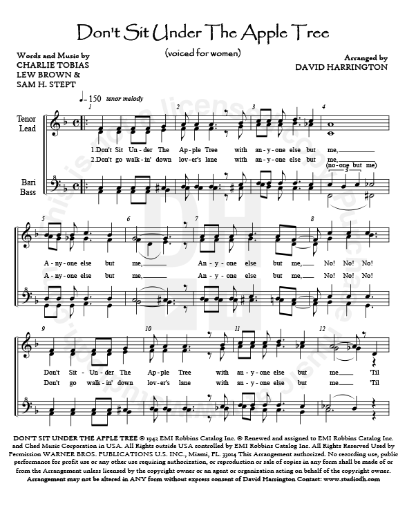 “Don’t Sit Under The Apple Tree” – women’s 4-part chart – studioDH
